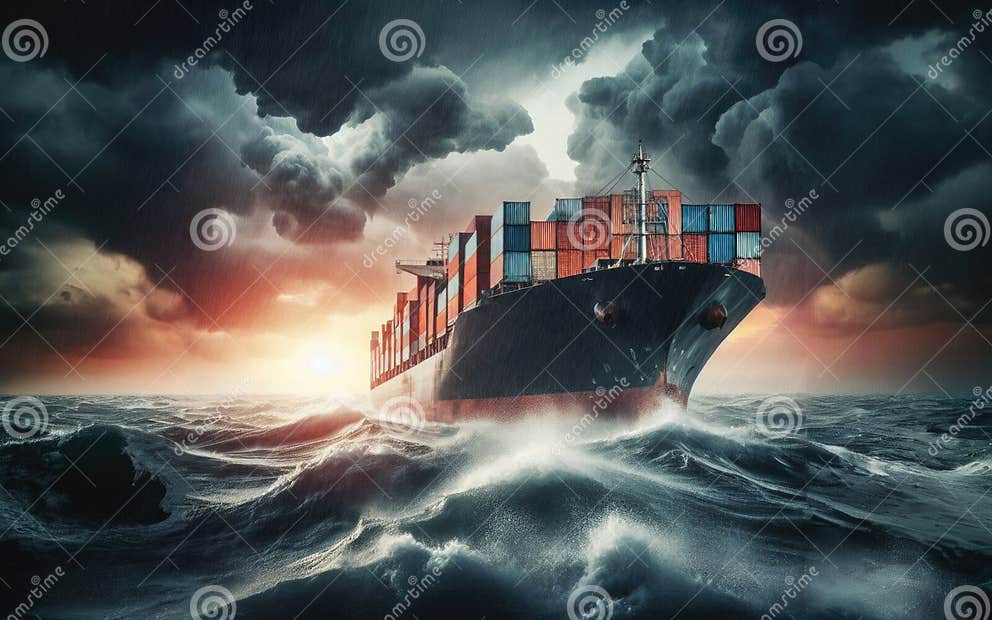 Container Cargo Ship in the Ocean Fighting Storm Stock Photo - Image of ...