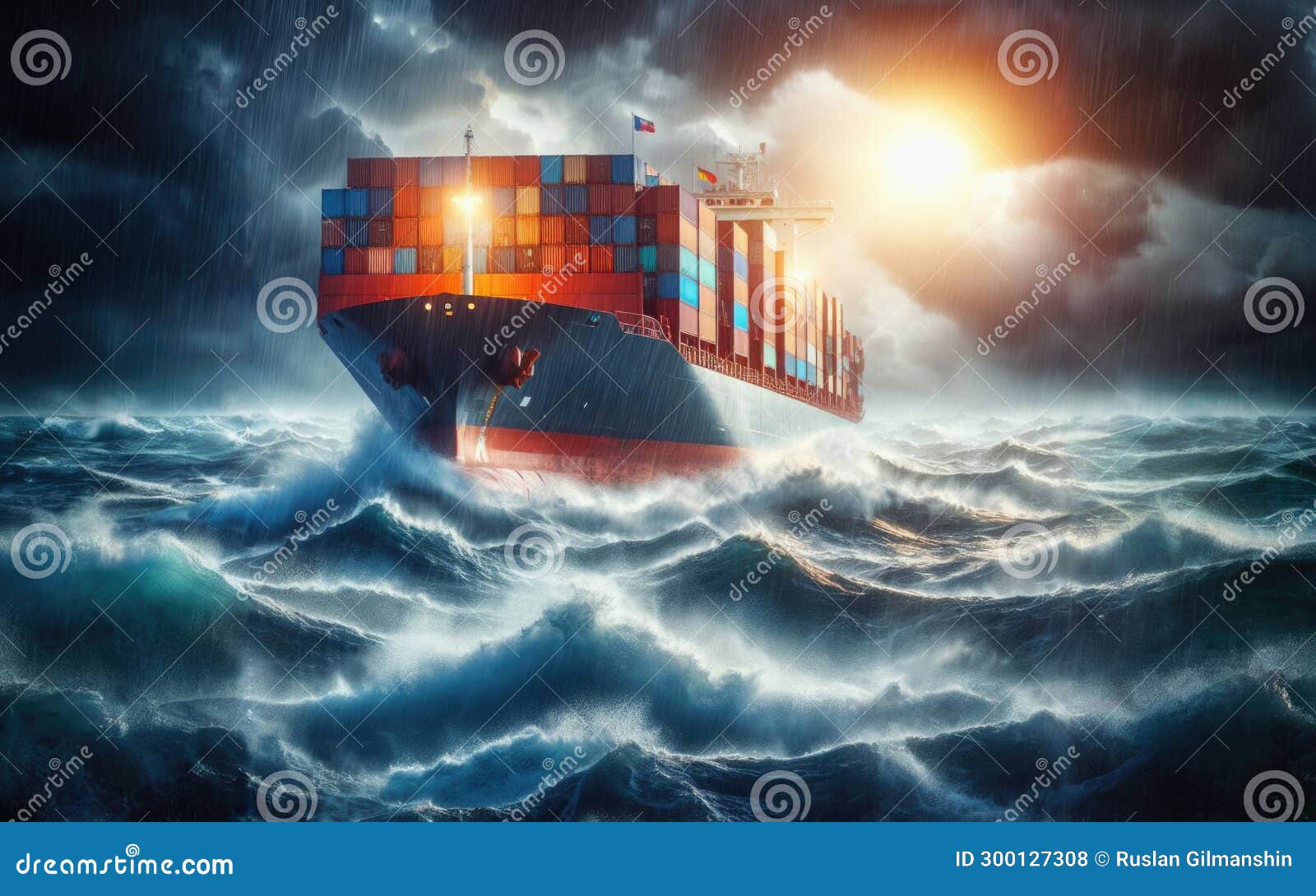 Container Cargo Ship in the Ocean Fighting Storm Stock Photo - Image of ...