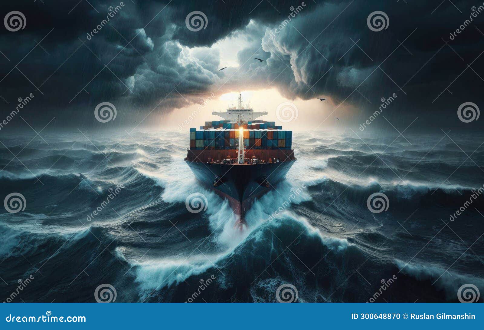 Container Cargo Ship in the Ocean Fighting Storm Stock Photo - Image of ...