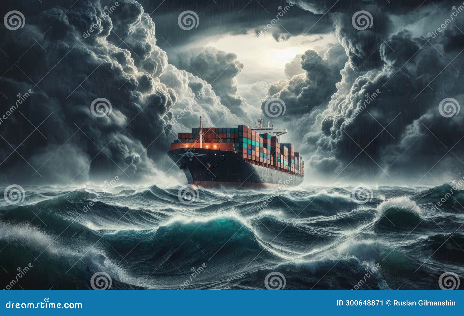 Container Cargo Ship in the Ocean Fighting Storm Stock Image - Image of ...