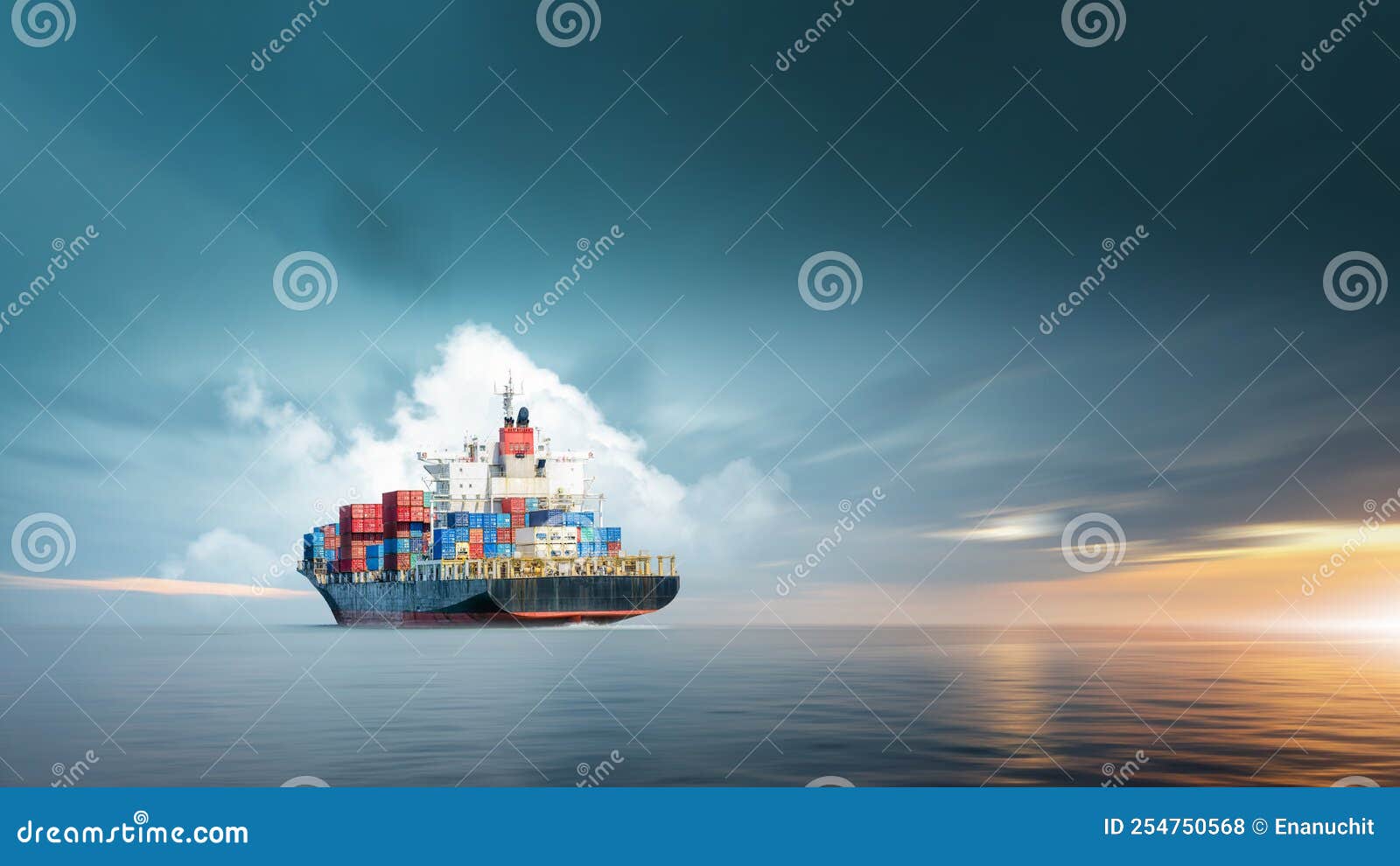 Container Cargo Ship in Ocean at Sunset Dramatic Sky Background with ...