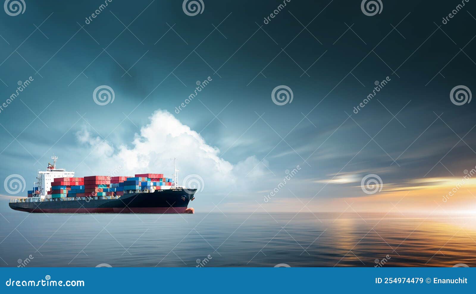 Container Cargo Ship in Ocean at Sunset Dramatic Sky Background with ...