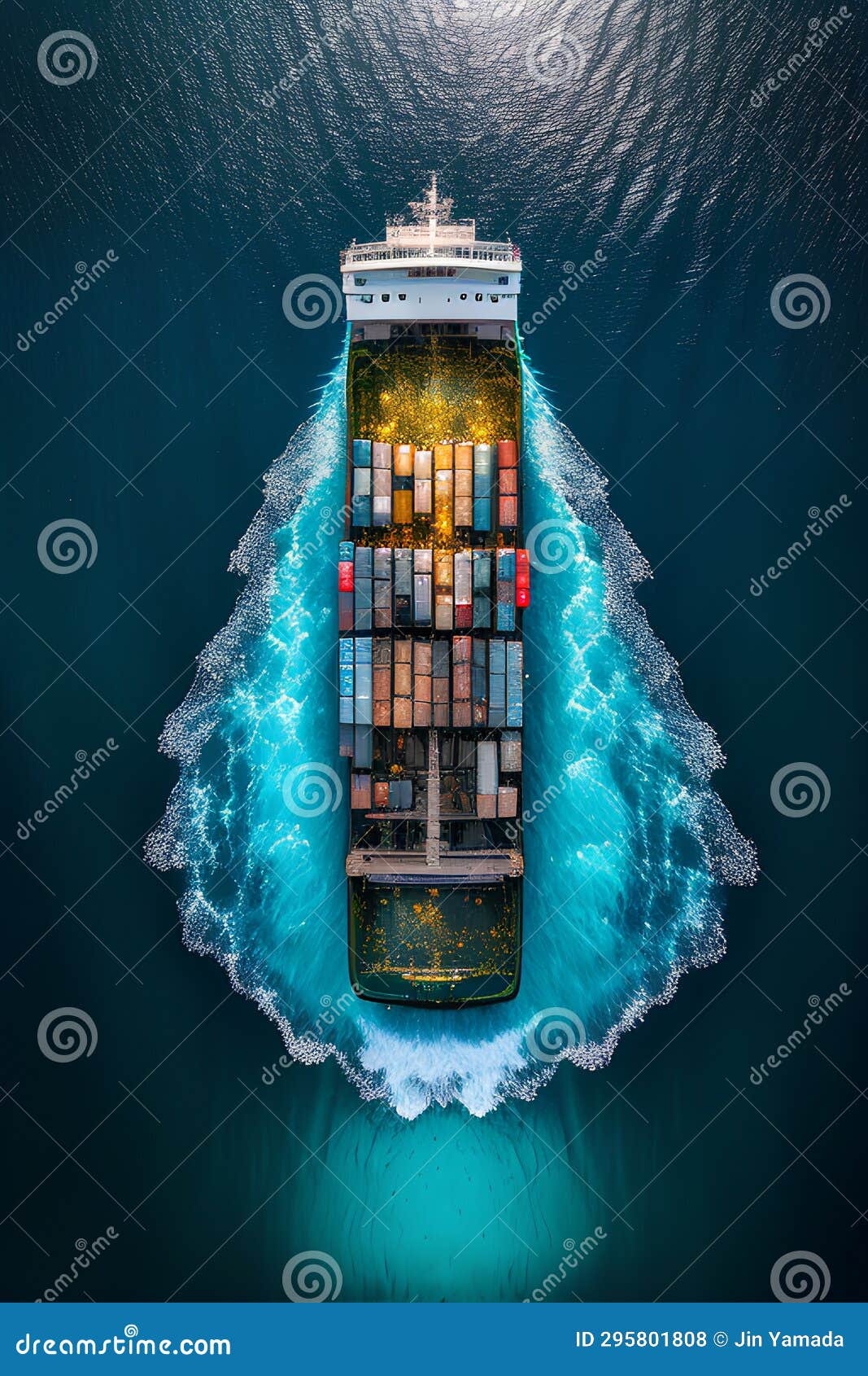 Container Cargo Ship in the Ocean. Top View Stock Photo - Image of ...