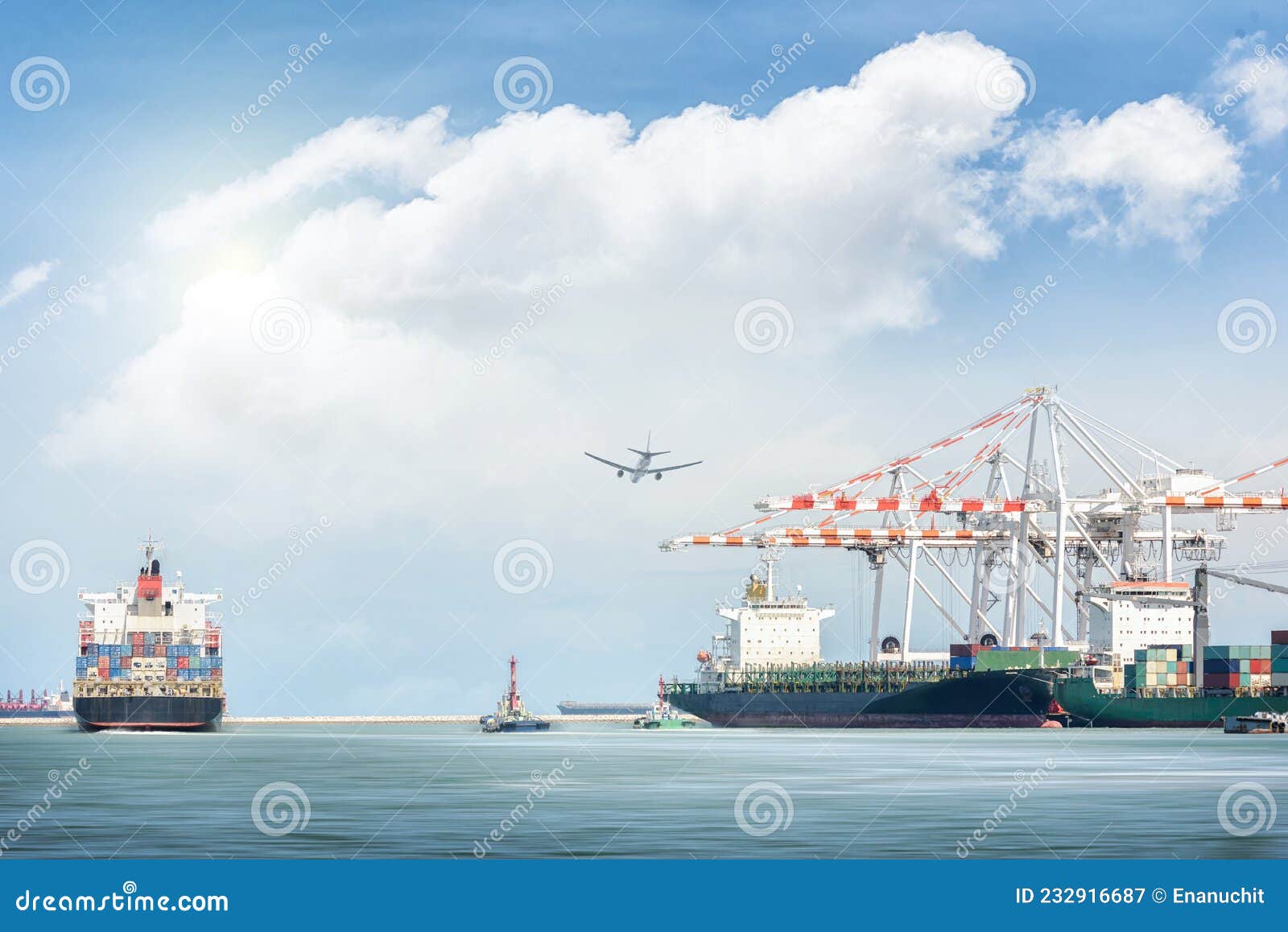 Container Cargo Ship and Cargo Plane with Port Crane Bridge in Harbor ...