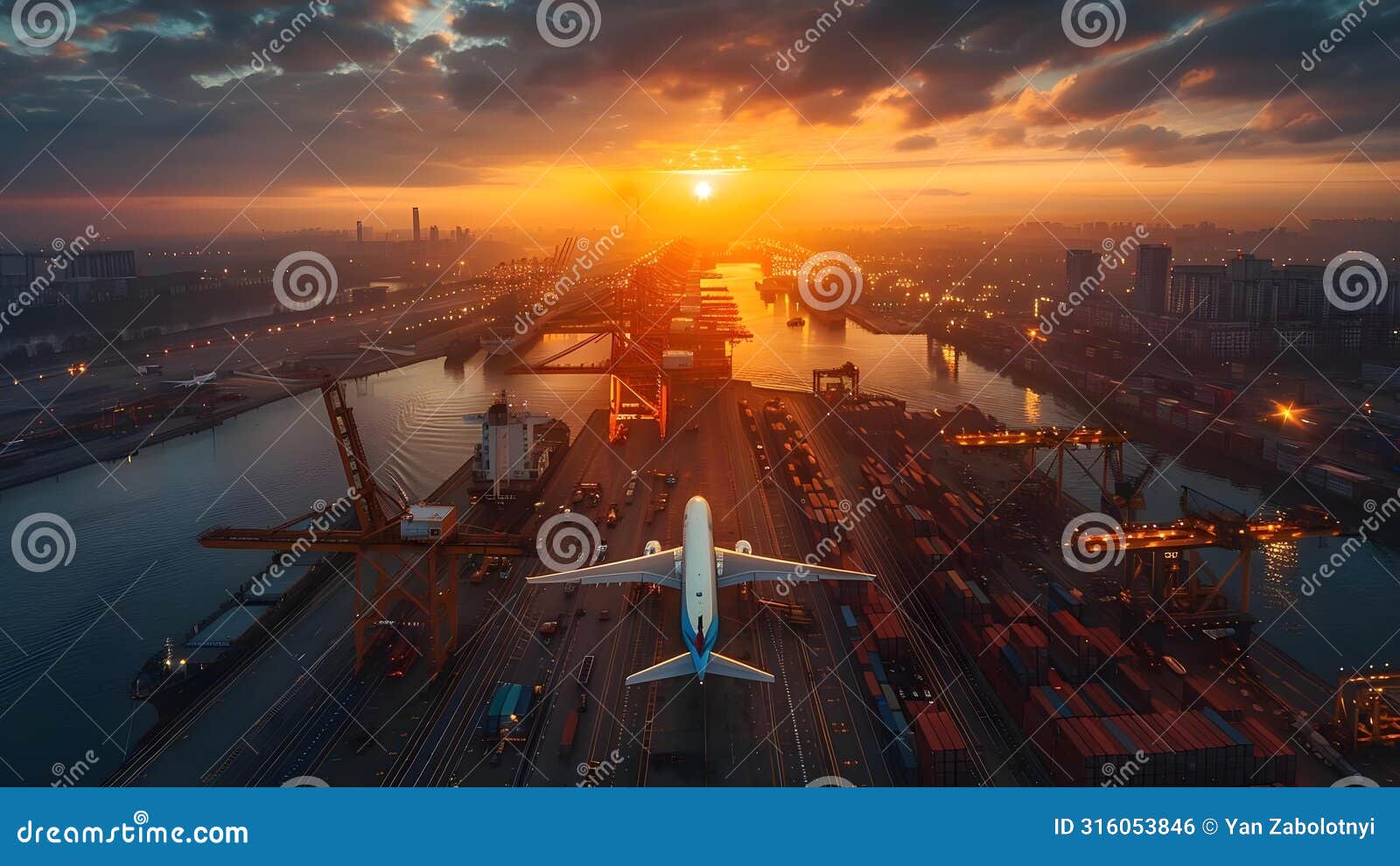Container Cargo Ship and Plane in Shipyard at Sunrise Logistic ...