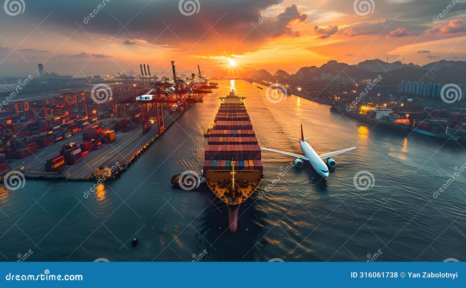Container Cargo Ship and Plane in Shipyard at Sunrise: Logistics ...