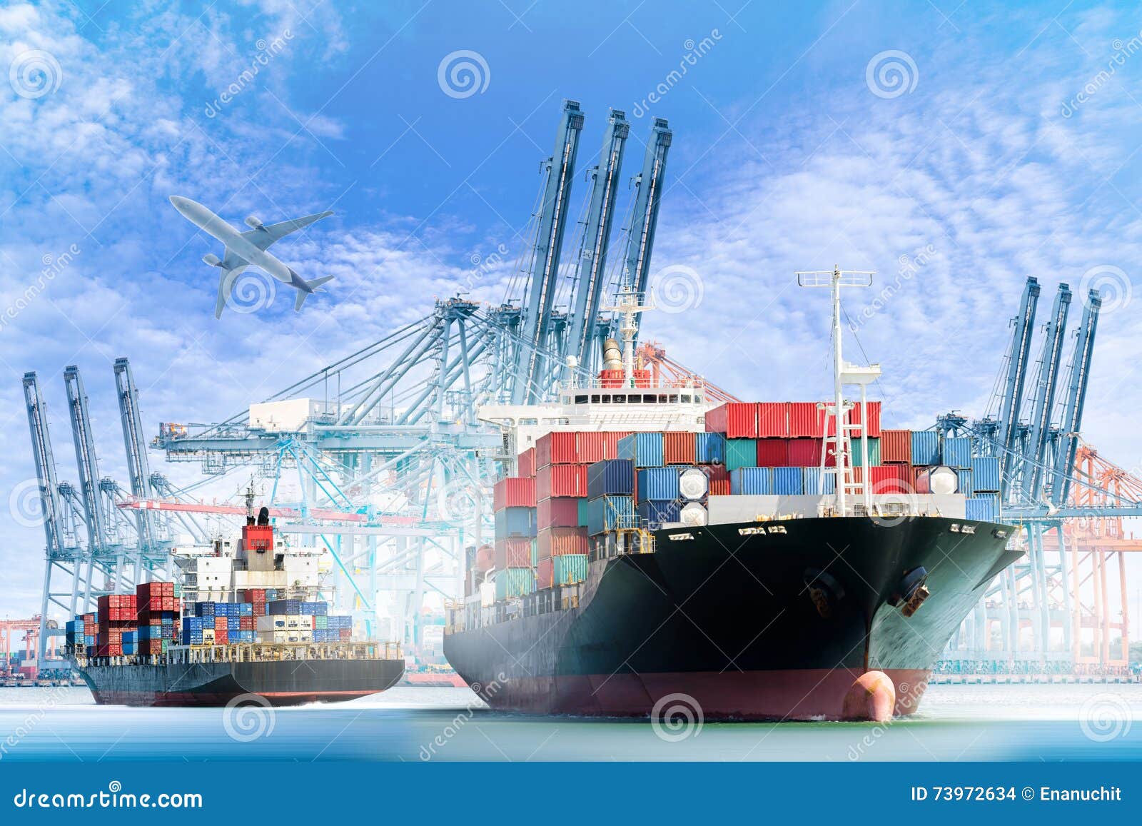 Container Cargo Ship With Ports Crane Bridge In Harbor And Cargo Plane ...