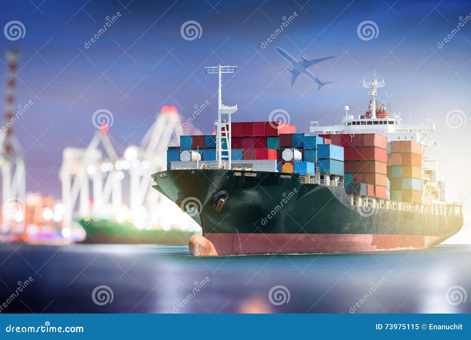 Container Cargo Ship with Ports Crane Bridge in Harbor and Cargo Plane ...