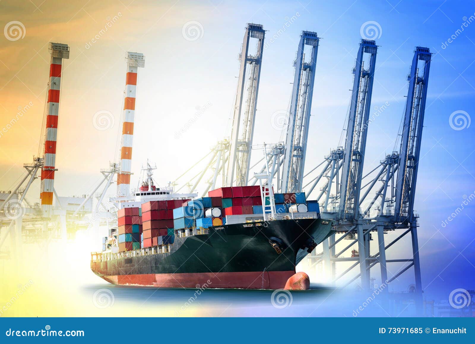 Container Cargo Ship with Ports Crane Bridge in Harbor Stock Image ...