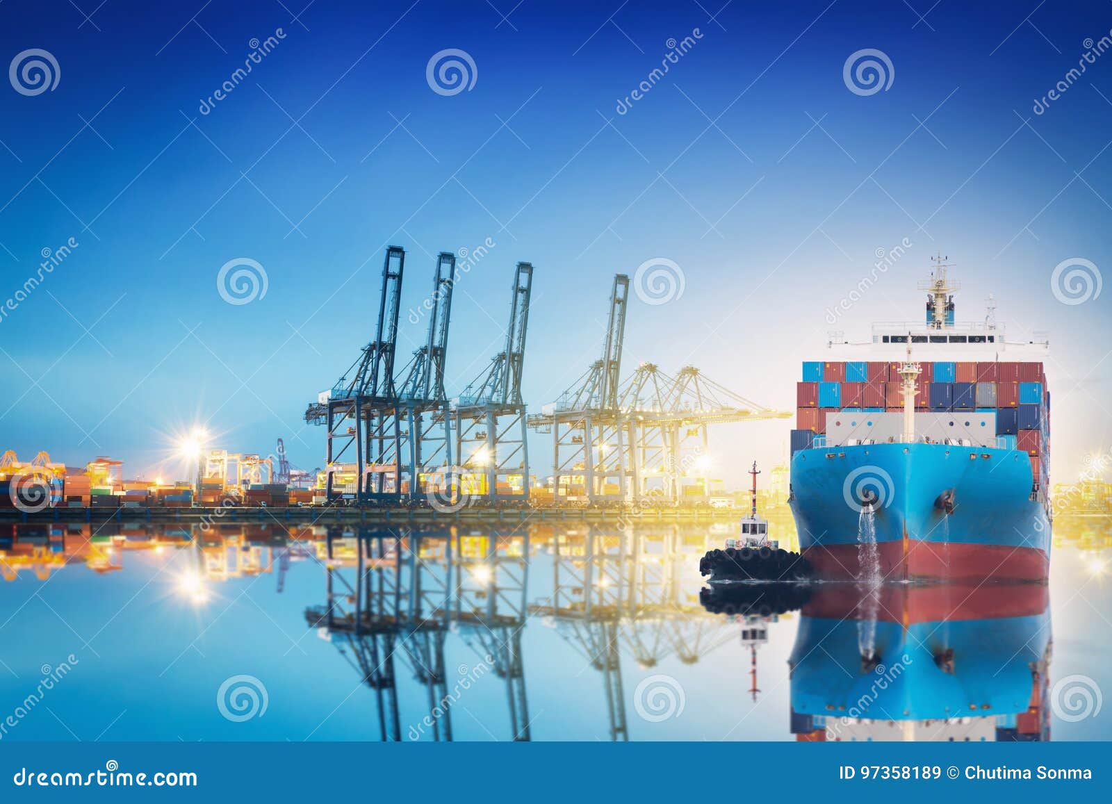 Container Cargo Ship with Working Stock Image - Image of creativity ...