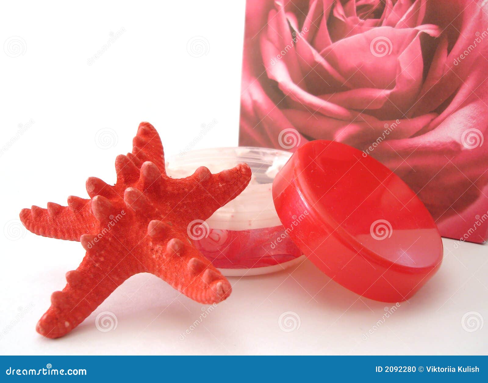 Container Of Cosmetic Moisturizing Cream, Seastar And Bag Over W ...