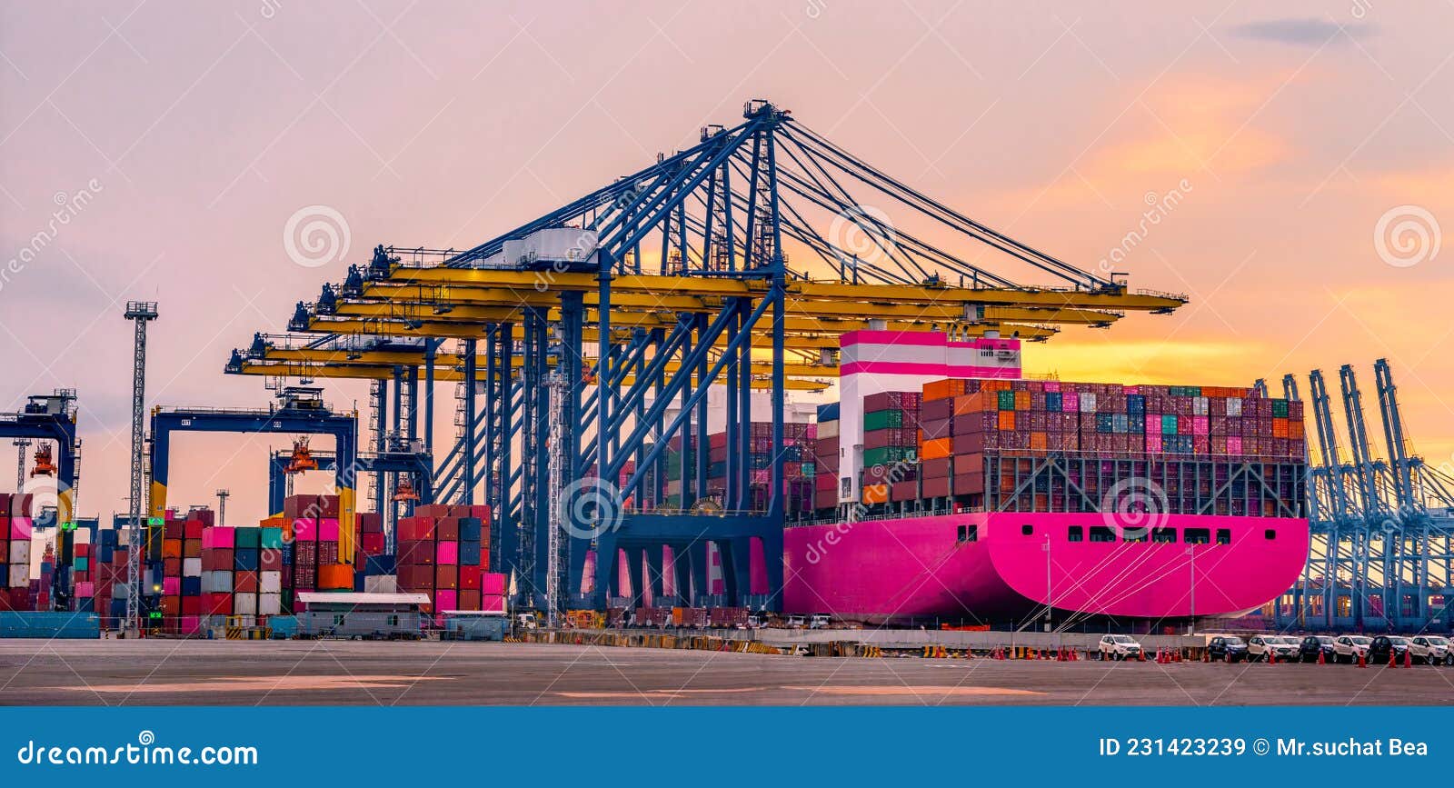 Container Crane Cargo Freight Ship with Working Crane Loading Bridge ...