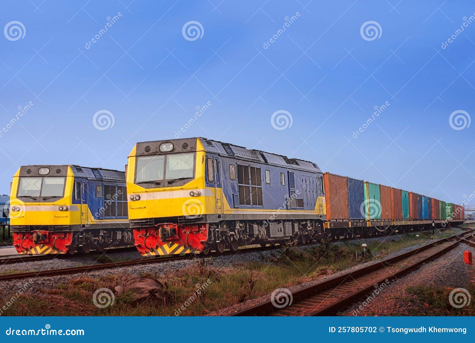 Container-freight Train by Diesel Locomotive on the Railway. Stock ...