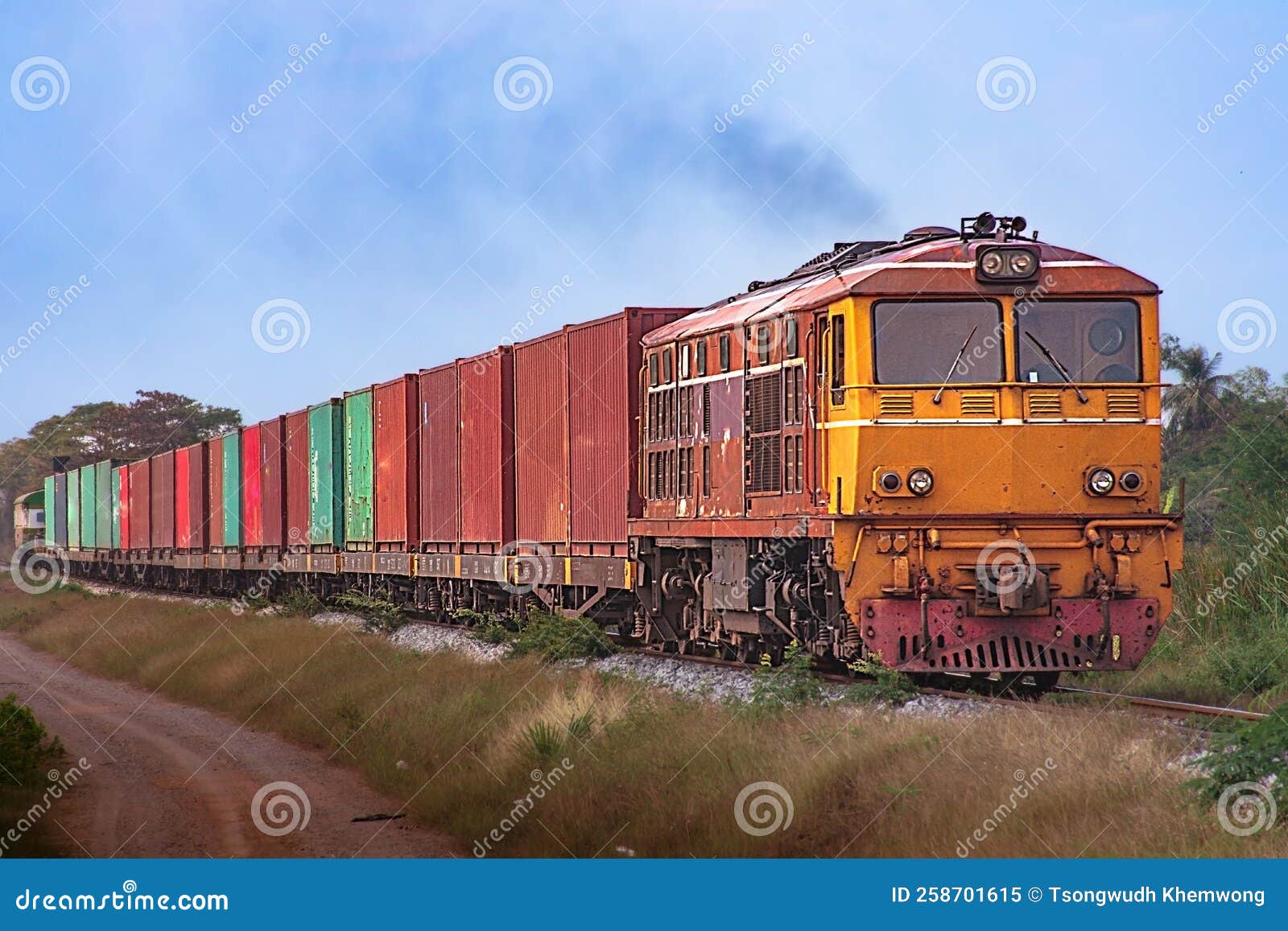 Container-freight Train by Diesel Locomotive on the Railway. Stock ...