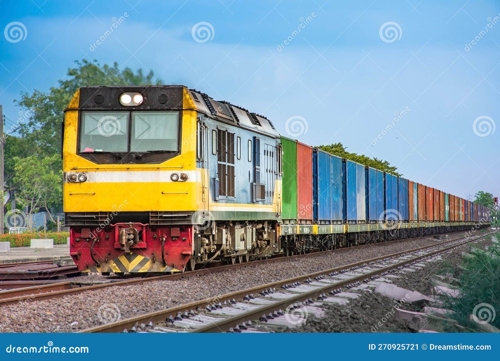 Container-freight Train by Diesel Locomotive on the Railway. Stock ...