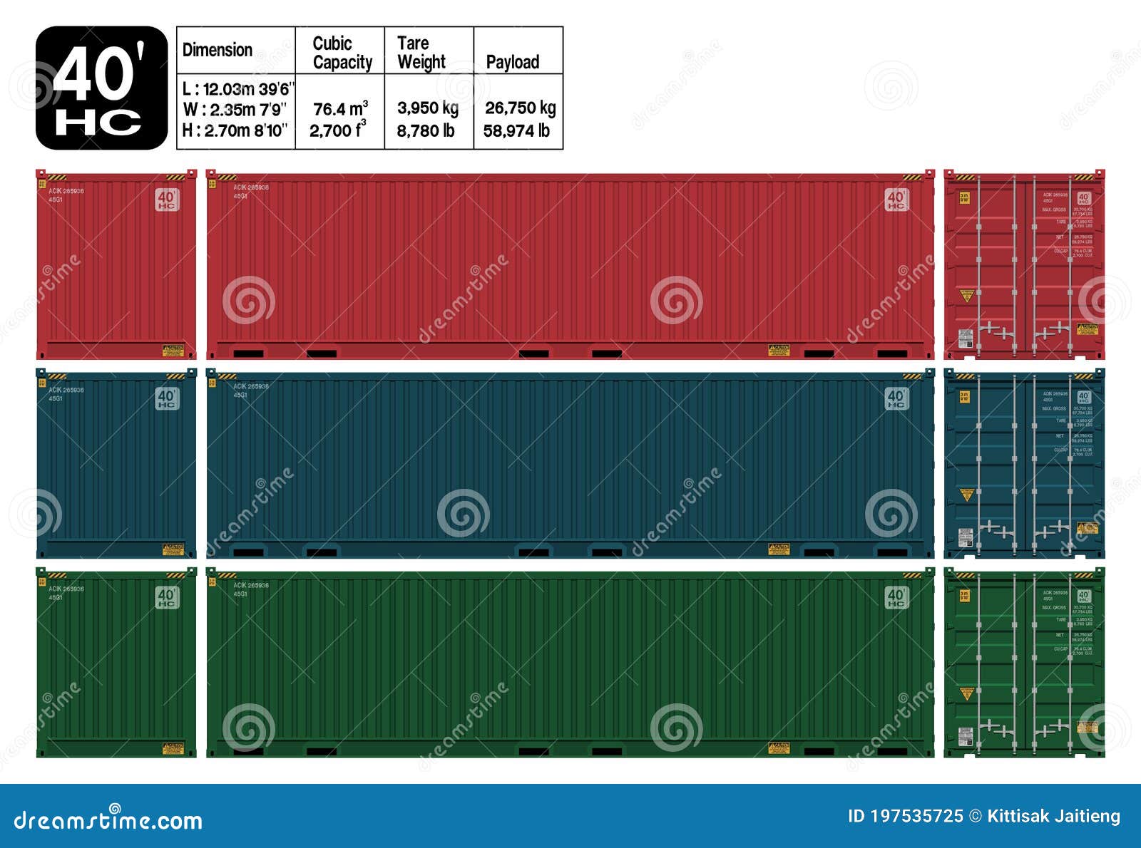 Container 40 Ft. High Cube Front ,side,back . Dimension Of The ...