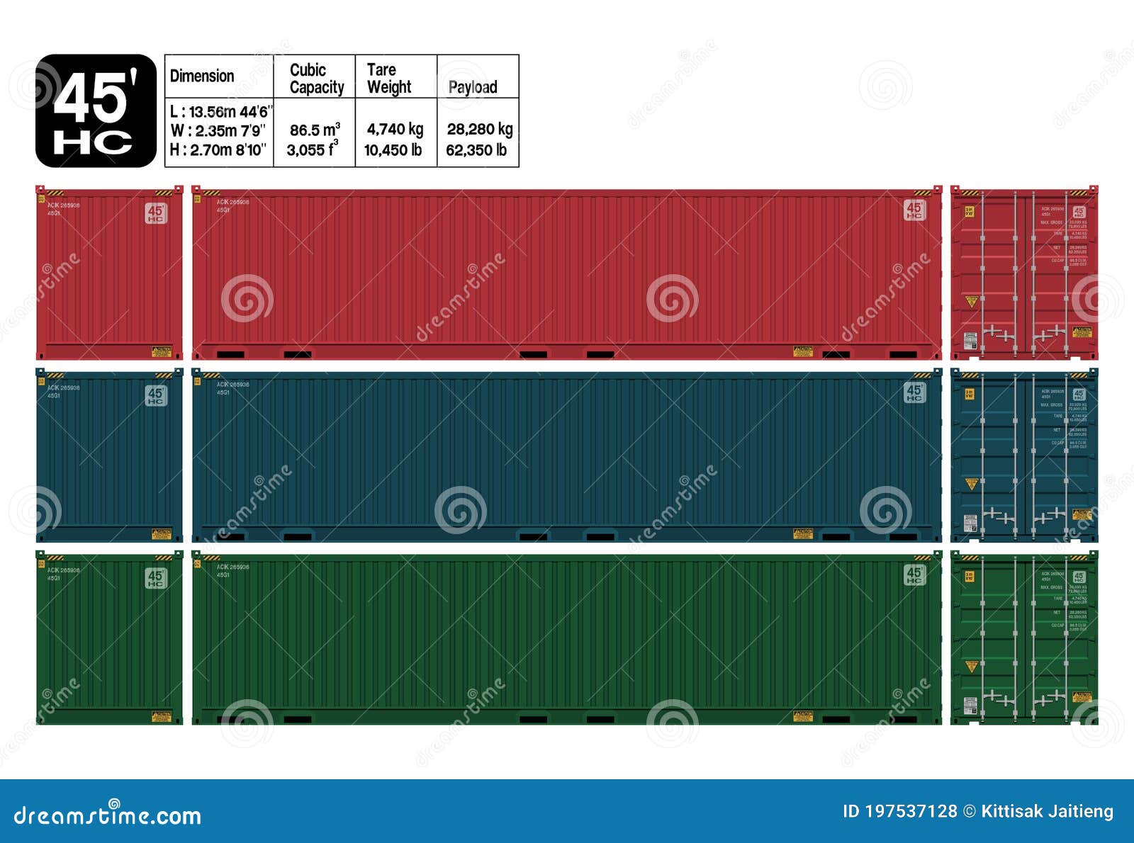 Container 45 Ft. Standard Front ,side,back Stock Vector - Illustration ...