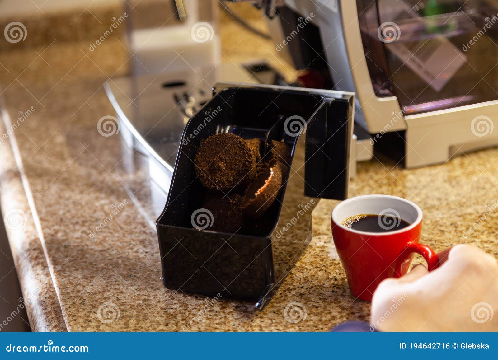 Container for Grounds after Coffee Machine and Cup of Coffee Stock ...