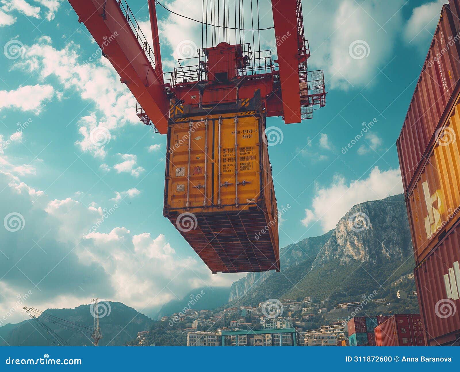 Container Loading in a Cargo Freight Ship with Port Crane Stock Photo ...