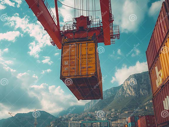 Container Loading in a Cargo Freight Ship with Port Crane Stock Photo ...