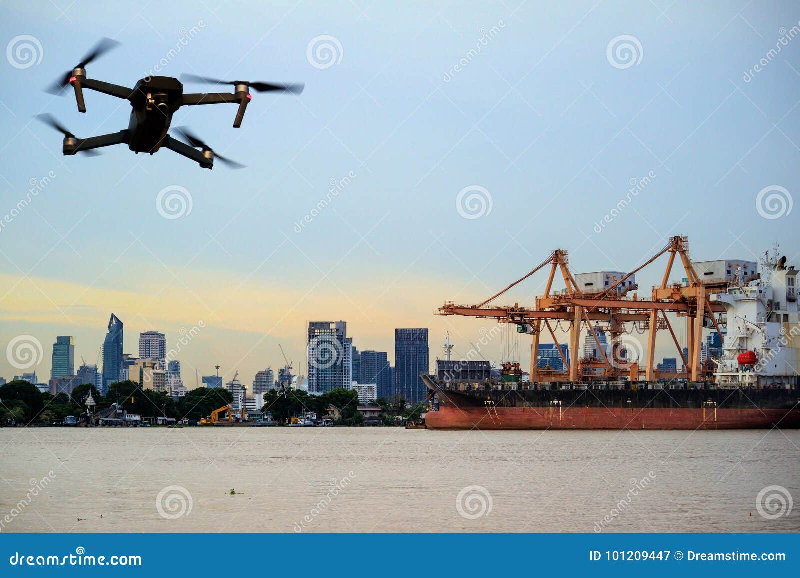 Modern RC Drone / Quadcopter with Camera Flying on Container Cargo Ship ...