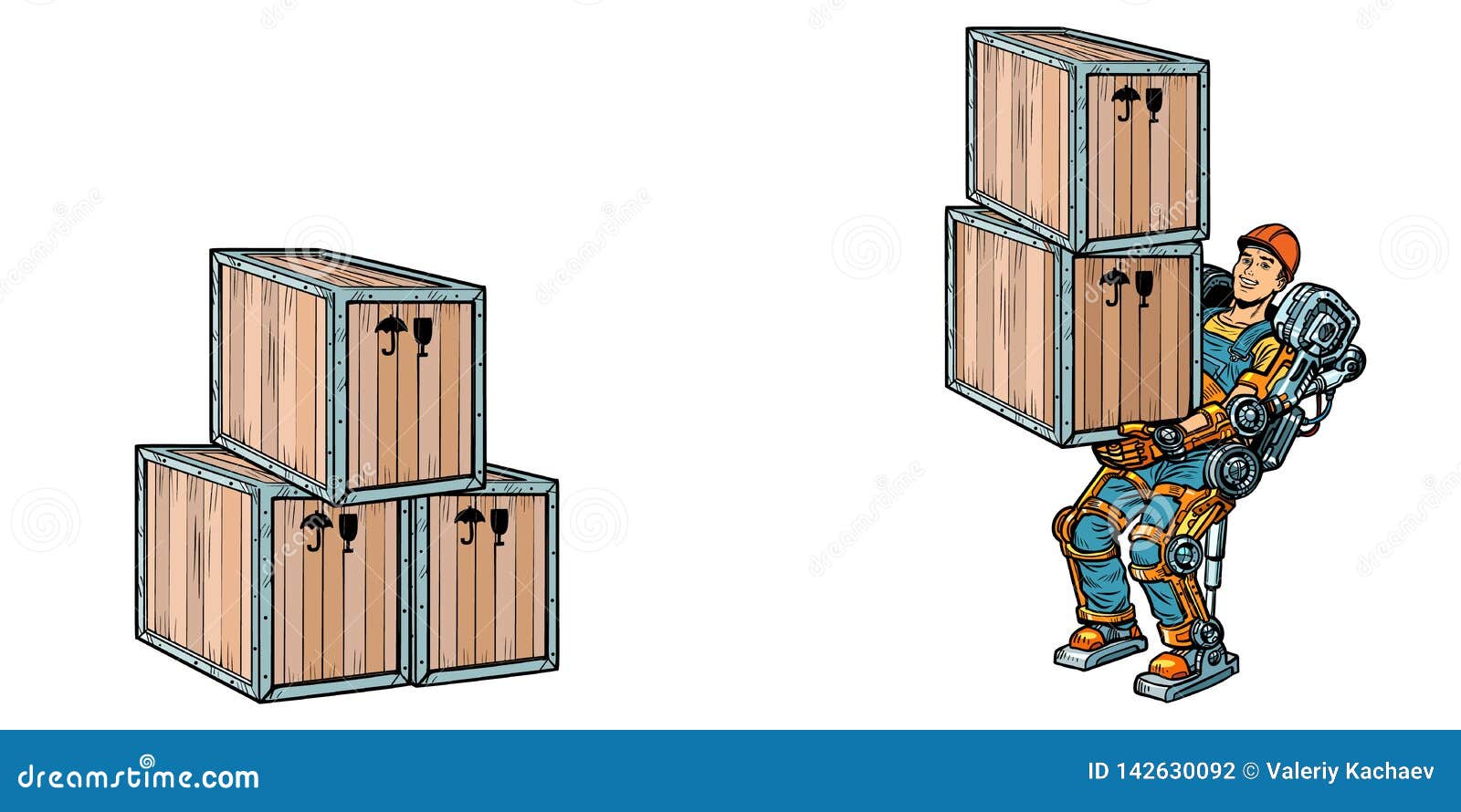 Container Loading. a Man Works in the Exoskeleton Exoskeleton Stock ...