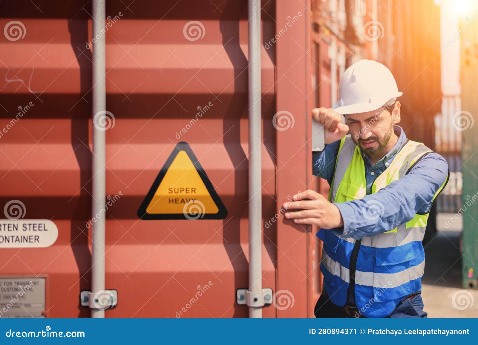 Container Logistic Operators Workers Wearing Yellow Helmets and ...