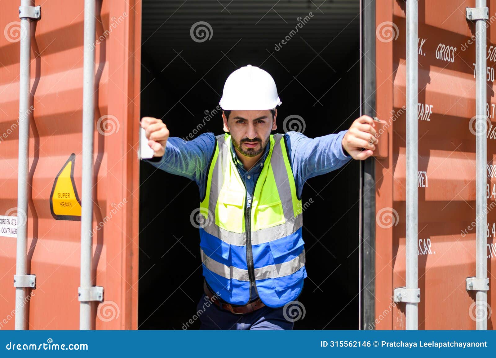 Container Logistic Operators Workers Wearing Yellow Helmets and ...