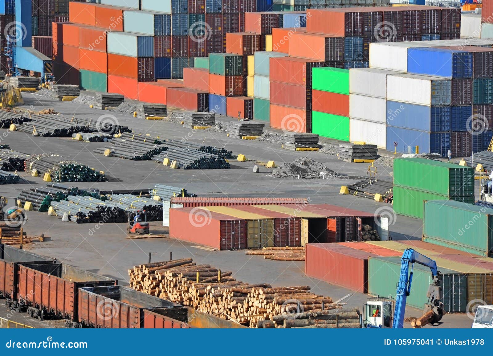 Container, Lumber and Train in Port Stock Image - Image of harbor ...