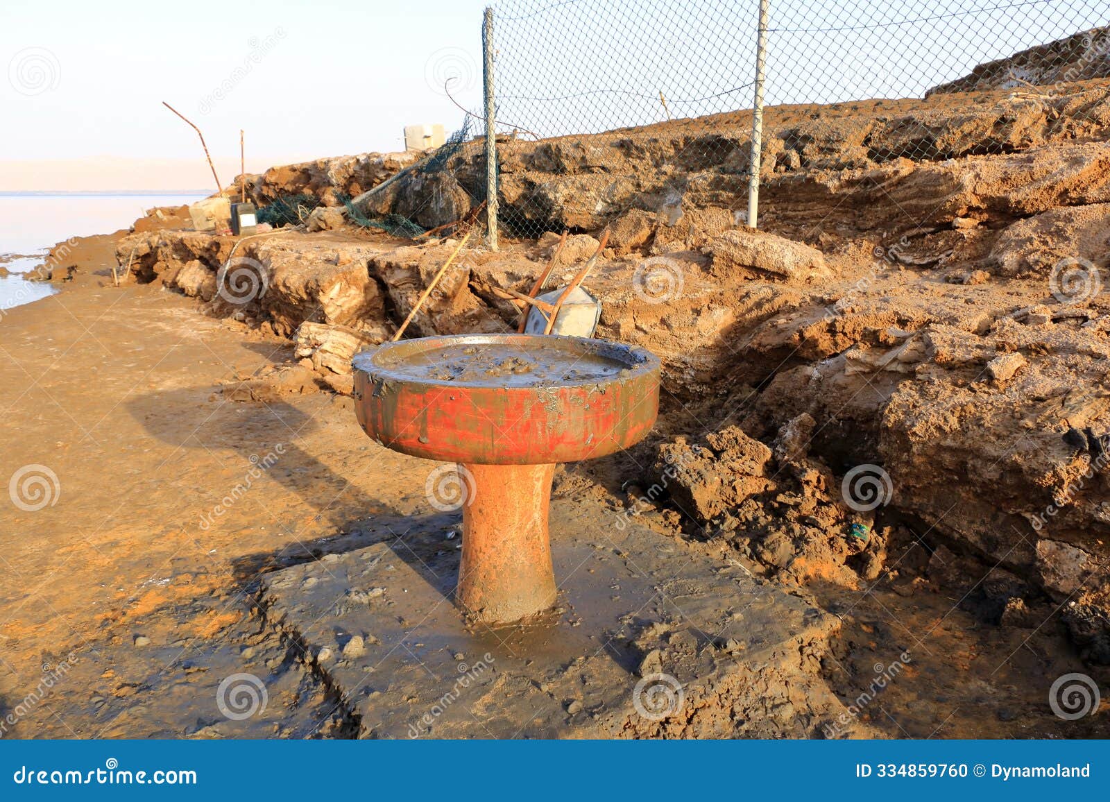 Container with Mud at the Beach of the Dead Sea in Jordan Stock Photo ...