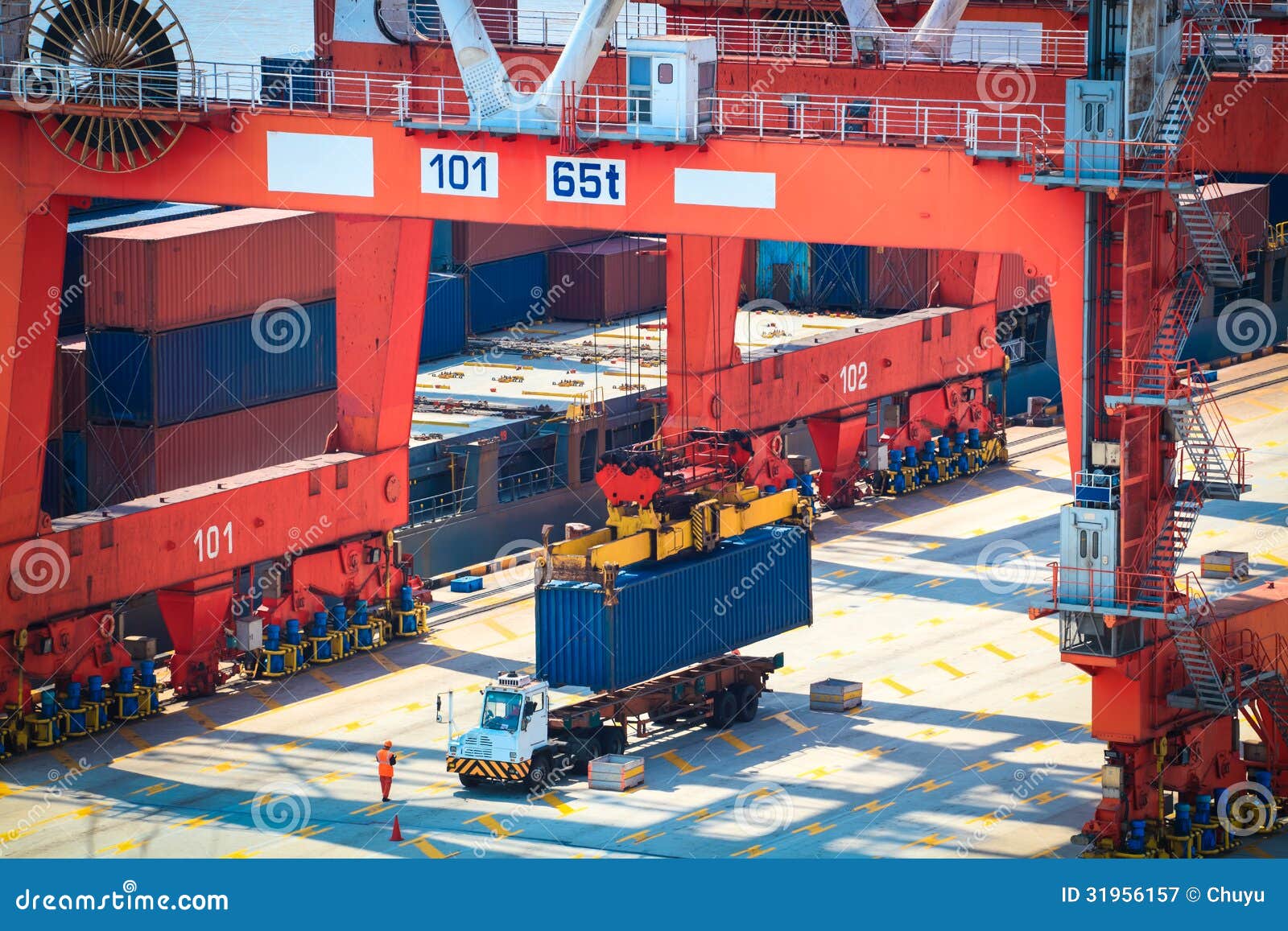 Container Operation In Port With Cranes And Gantry Loading ...