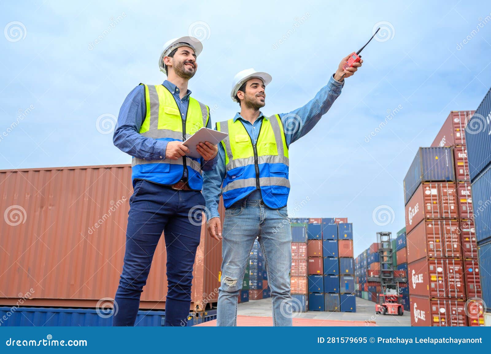 Container Operator Wearing White Helmet and Reflection Shirt and ...