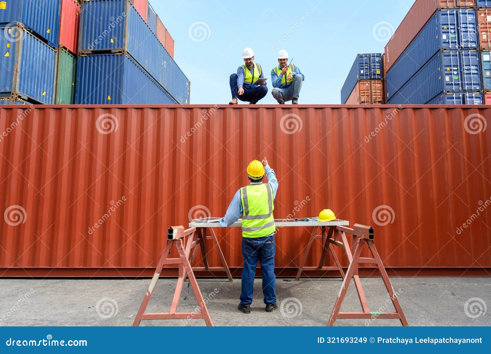 Container Operator Wearing White Helmet and Reflection Shirt and ...