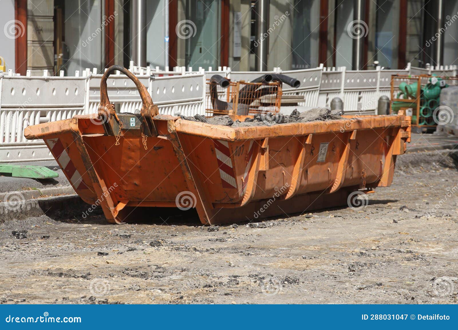 Container, Orange Skip for Construction Waste Standing on the Road ...