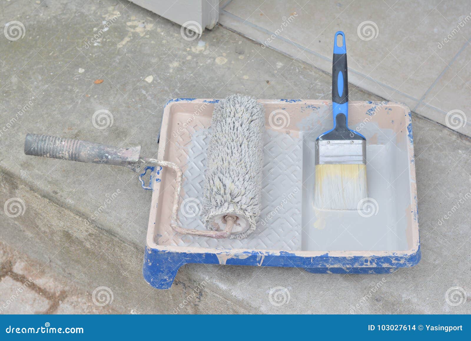 Container with Paint Roller and Brush Stock Photo - Image of design ...