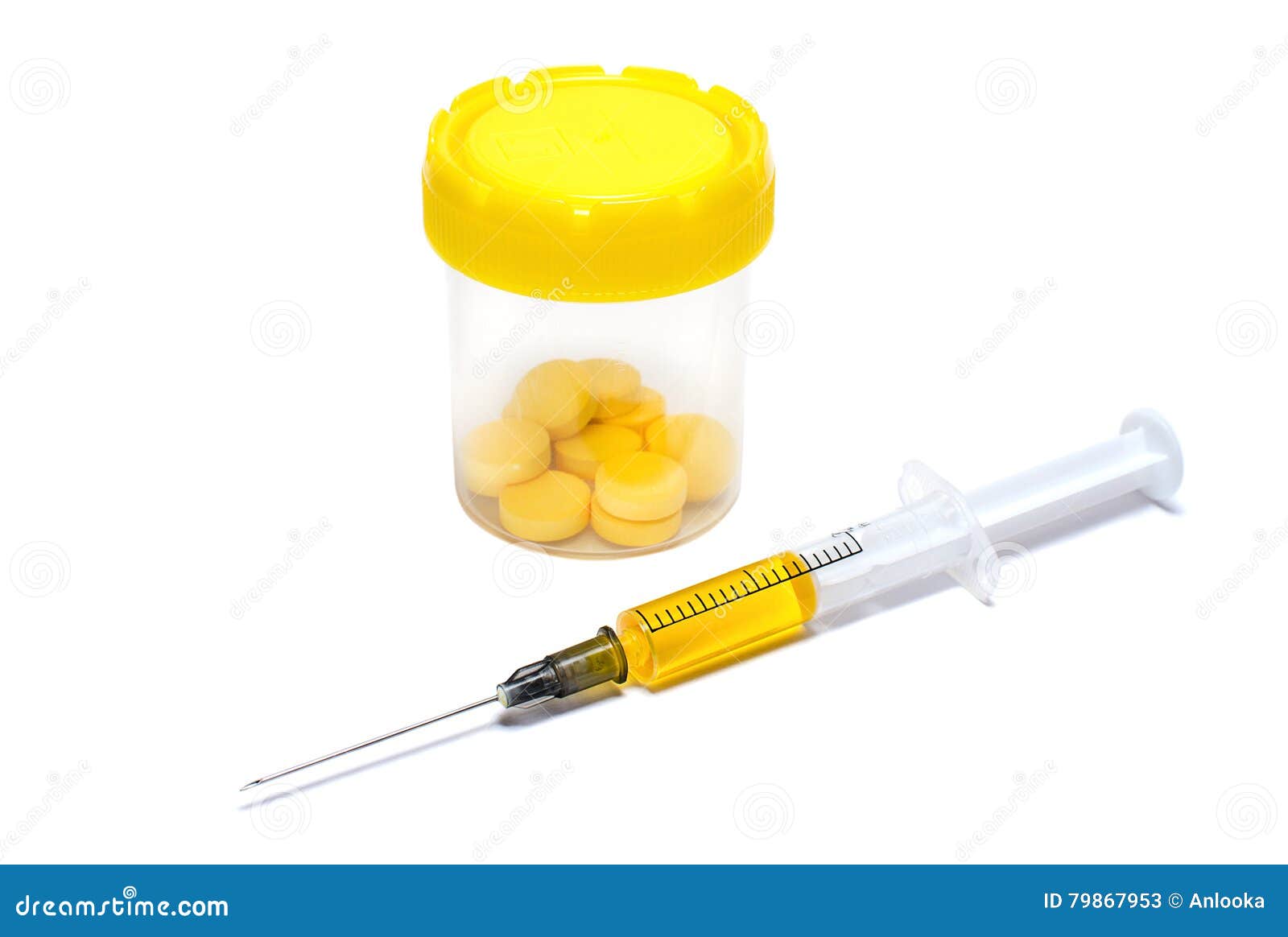 Container with Pills and the Syringe with the Solution Yellow Stock ...