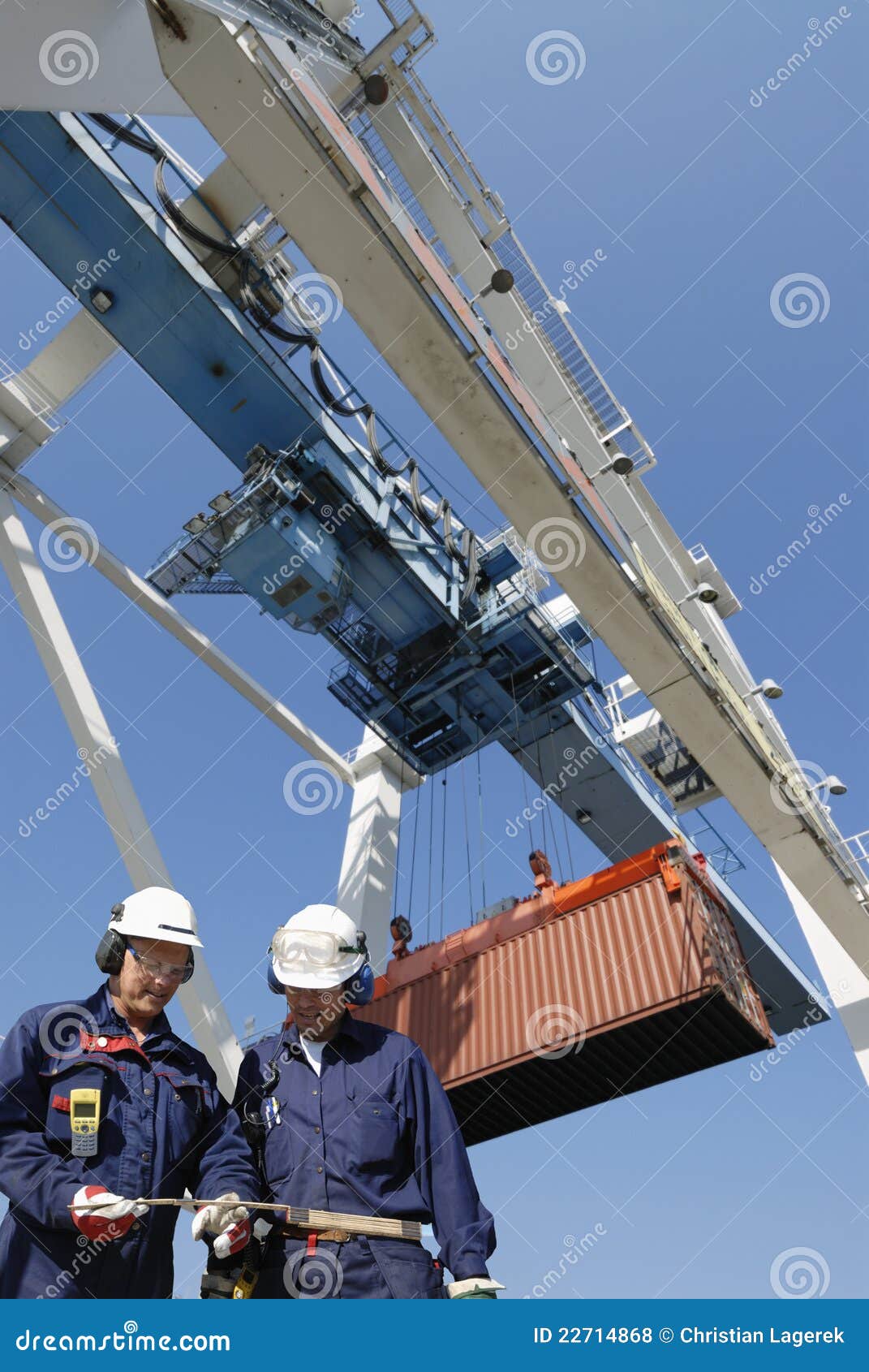 Container Port, Workers, Cranes and Trucks Stock Photo - Image of ...