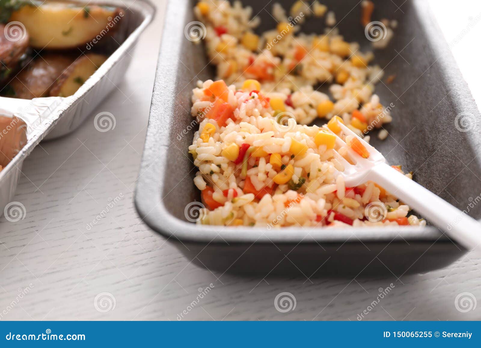 Container with Rice on Table. Food Delivery Stock Image - Image of fork ...