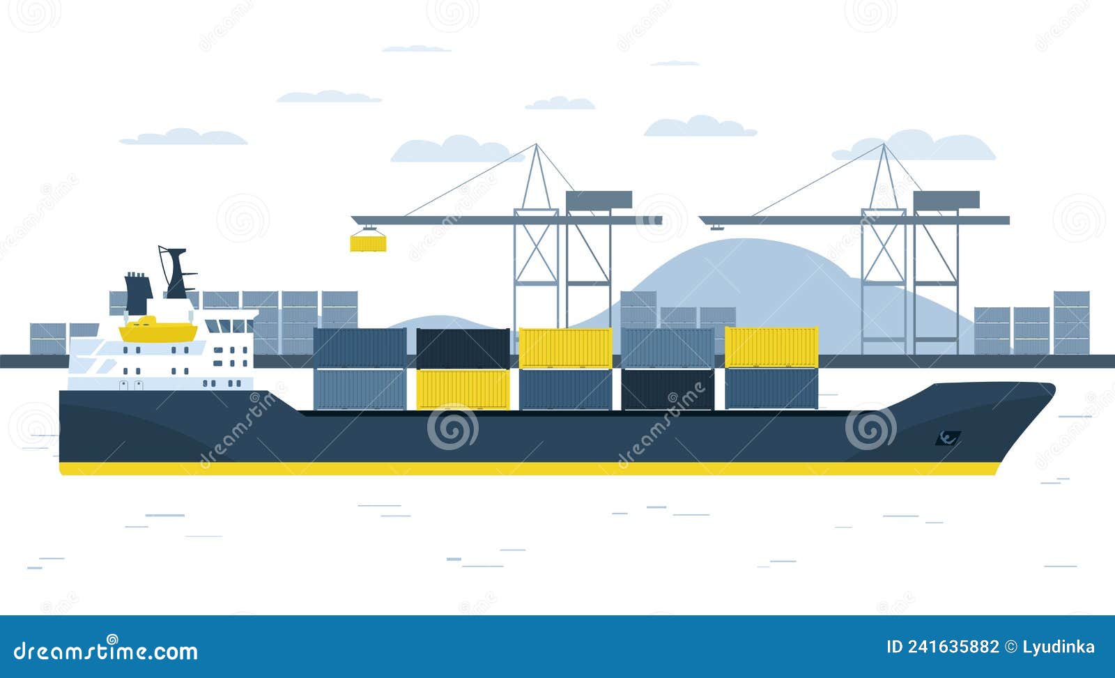 Container Ship Against the Background of a Container Terminal. Vector ...