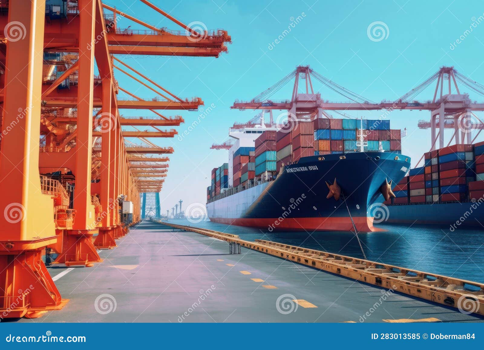 Container Ship at the Berth in Cargo Terminal of the Port Under Loading ...