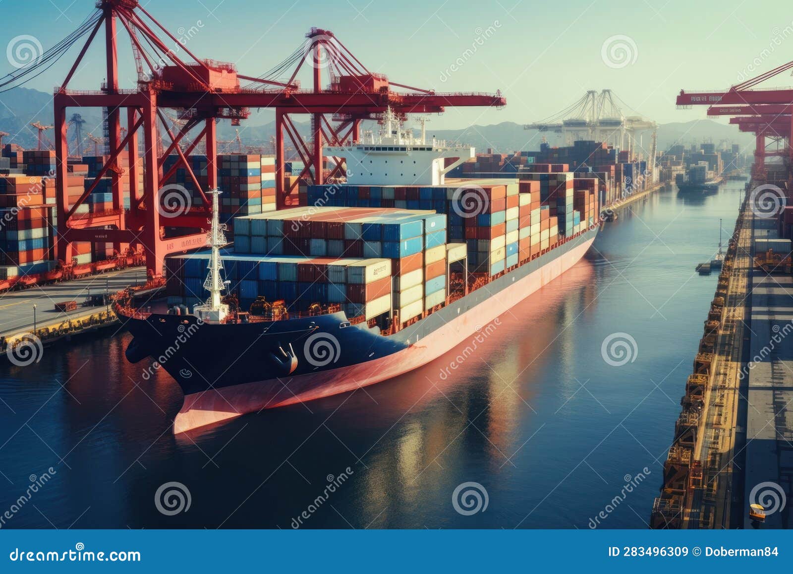 Container Ship at the Berth in Cargo Terminal of the Port Under Loading ...
