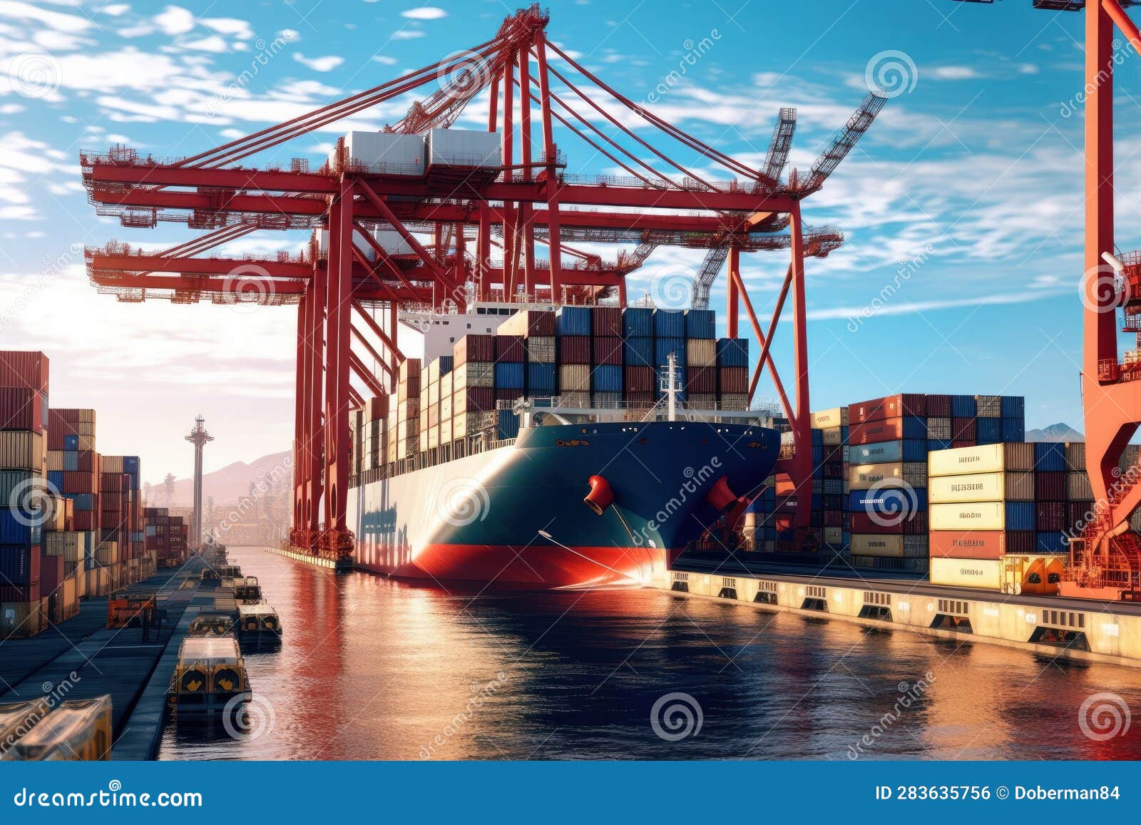 Container Ship at the Berth in Cargo Terminal of the Port Under Loading ...