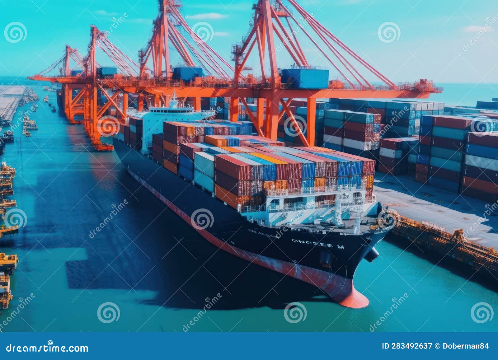 Container Ship at the Berth in Cargo Terminal of the Port Under Loading ...