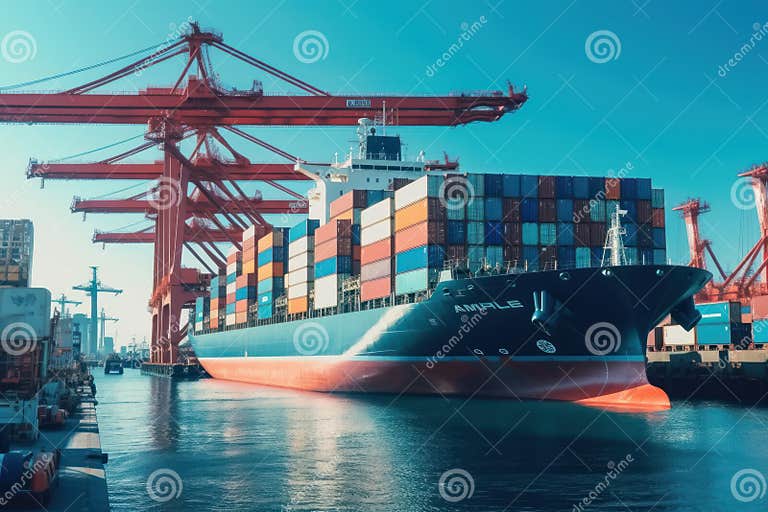 Container Ship at the Berth in Cargo Terminal of the Port Under Loading ...