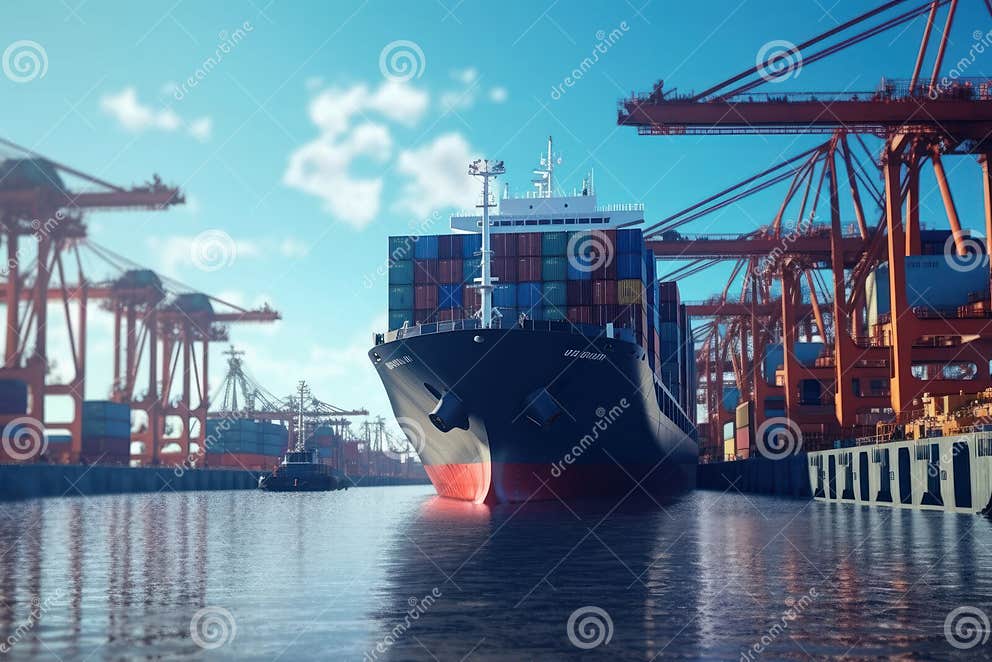 Container Ship at the Berth in Cargo Terminal of the Port Under Loading ...