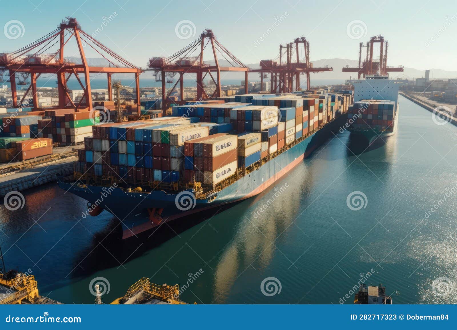 Container Ship at the Berth in Cargo Terminal of the Port Under Loading ...