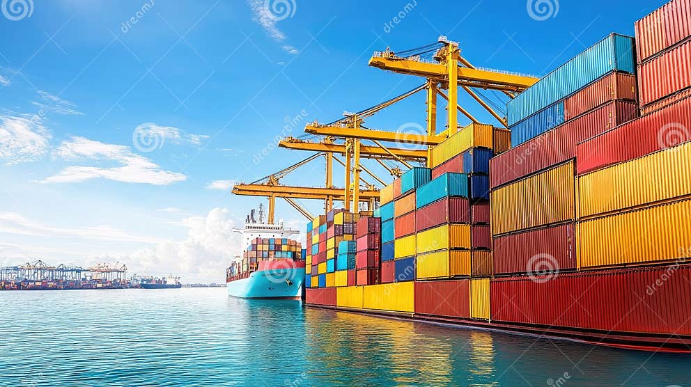 Container Ship Carrying Container Boxes Import Export Dock, Quay Crane ...