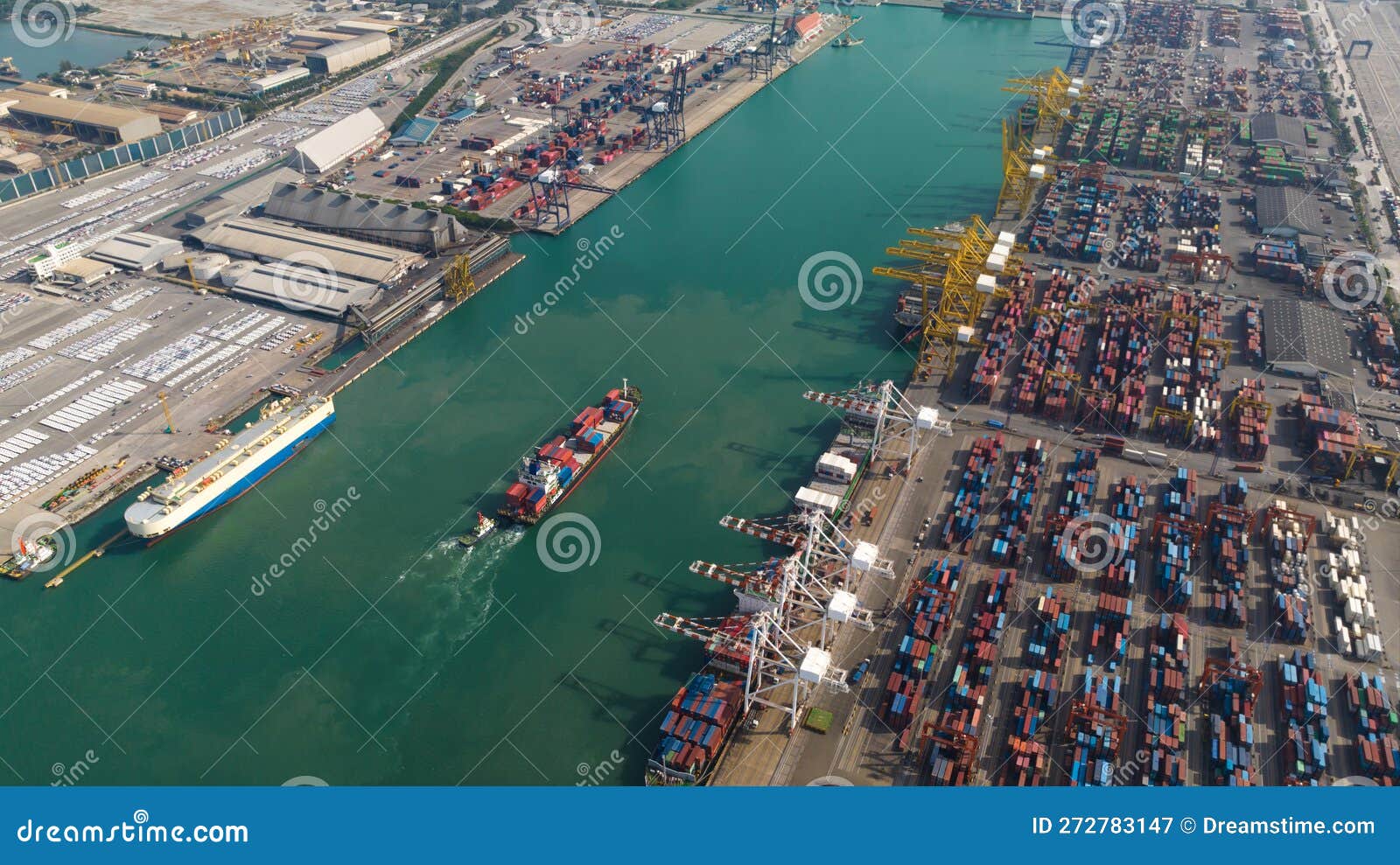 Container Ship and Commercial Port Load and Unloading Cargo from ...