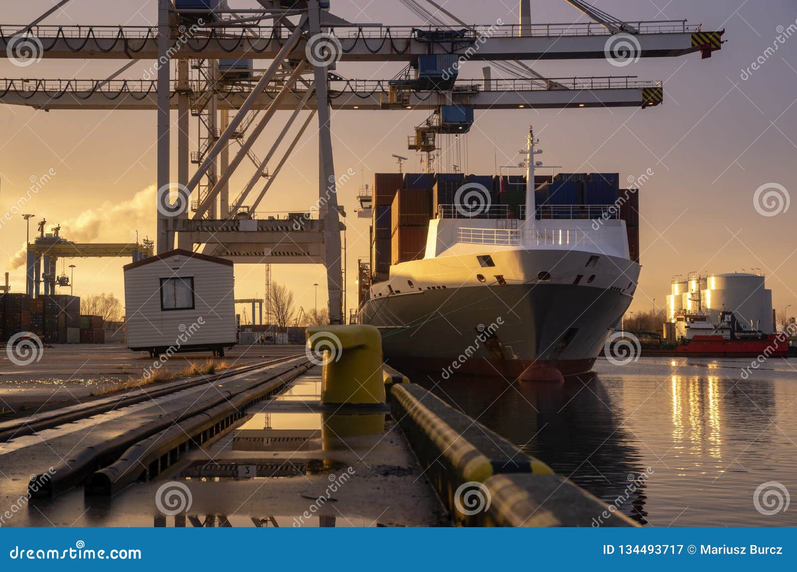 Container Ship in Container Terminal Stock Image - Image of dock ...