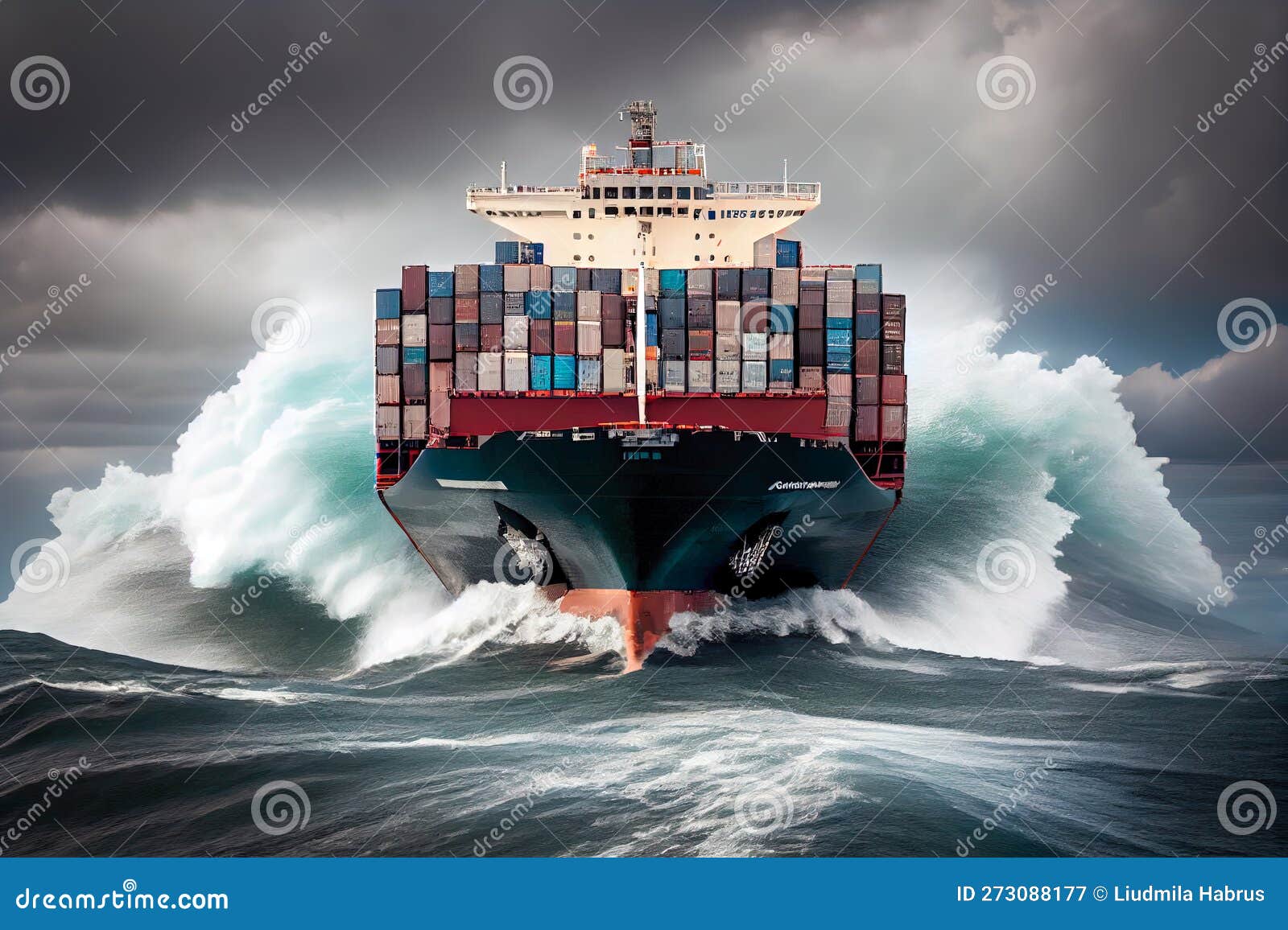 Container Ship Cuts through Giant Waves. Generative AI, Generative, AI ...